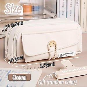 Ecqizer Large Pencil Case for Adults Aesthetic Cute Pencil Pouch With Zipper Preppy Pen Bag for SchooGirl, Travel Toiletry Cosmetic Makeup Bag Women (Cream)