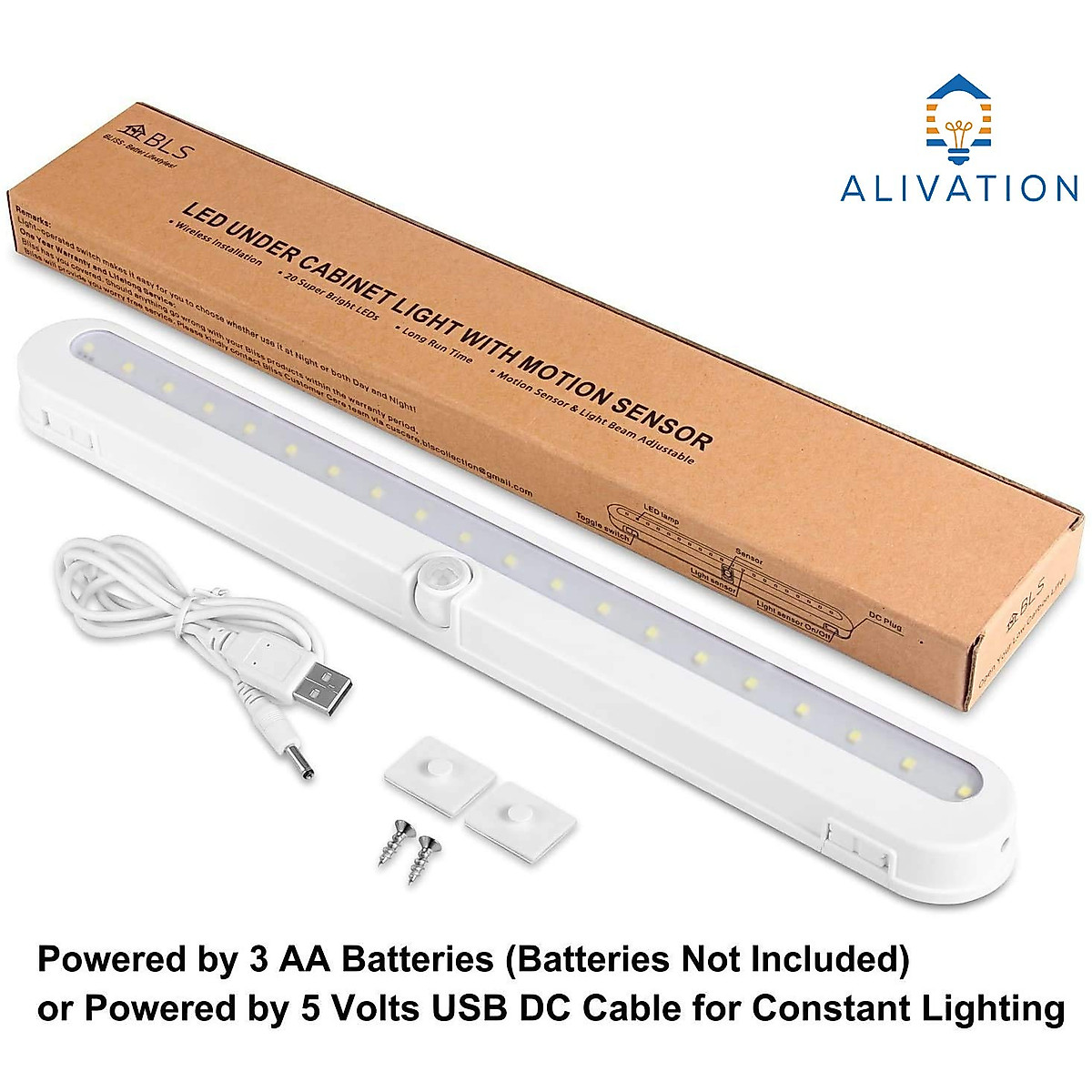 Alivation Closet Lights Battery Operated Led Lights, Motion Sensor Light Indoor Under Cabinet Lights, Under Counter Lights for Kitchen, 3 AA Battery Powered/DC Input Lights, Day & Night Mode, Dimmable