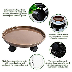 14inch Plant Stand with 5 Wheels, Brown Plant Caddy, Round Flower Pot Mover, Indoor Rolling Planter Dolly on Wheels, Outdoor Planter Trolley Casters Rolling Plant Tray (1pcs)