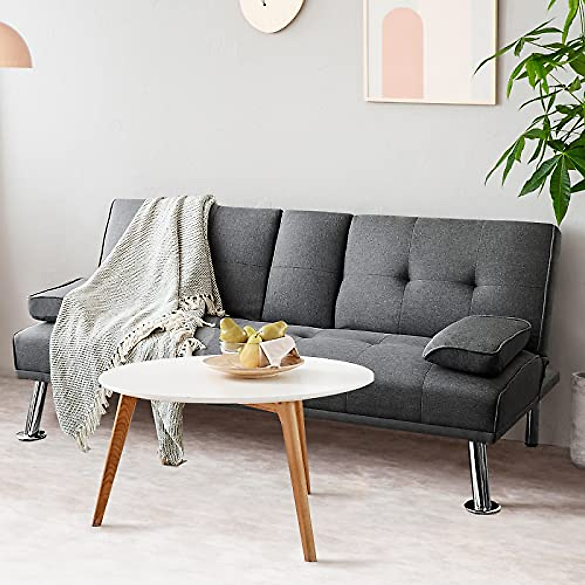 POWERSTONE Futon Sofa Bed Upholstered Modern Convertible Sofa Couch Sleeper with Removable Armrests Cup Holders Living Room Fabric Loveseat 66", Grey