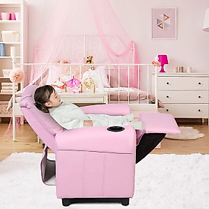 LDAILY Kids Recliner, PU Leather Kids Lounge Chair with Cup Holder, Adjustable Footrest, Ergonomic Toddler Furniture Sofa for Children, Boys & Girls, Living Room, Toddler Recliner, Pink