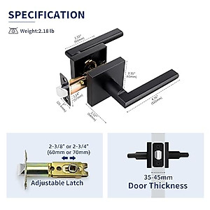 LOQRON Passage Door Lever Heavy Duty Keyless Door Handle Square Non-Locking Door Lock Matte Black Finish Reversible for Hall Closet Door