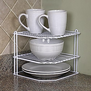 Home Basics Corner Rack, White, Vinyl Coated Steel, Rust Resistant, 2-Tier Shelf, Keeps Spices and Cups Organized, 9x9x8.5in