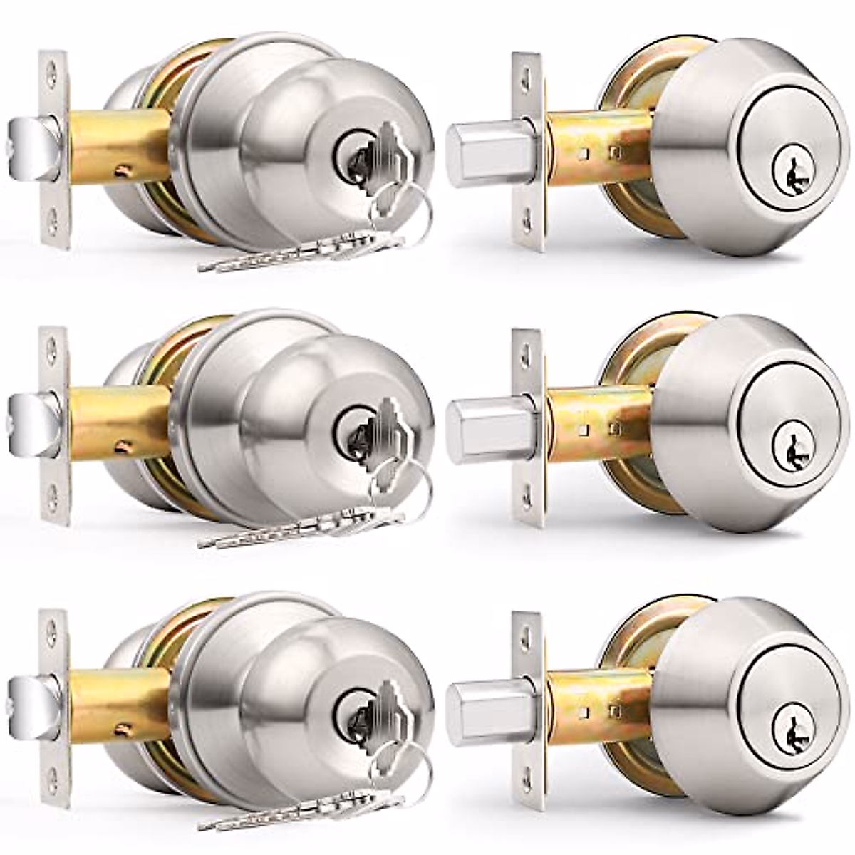 Probrico 3 Pack-Entry Door Knob and Deadbolt Lock Set, handleset with Single Cylinder Deadbolt Keyed Alike Combo Pack, Right or Left Handed, Entry Door Lever Exterior and Interior