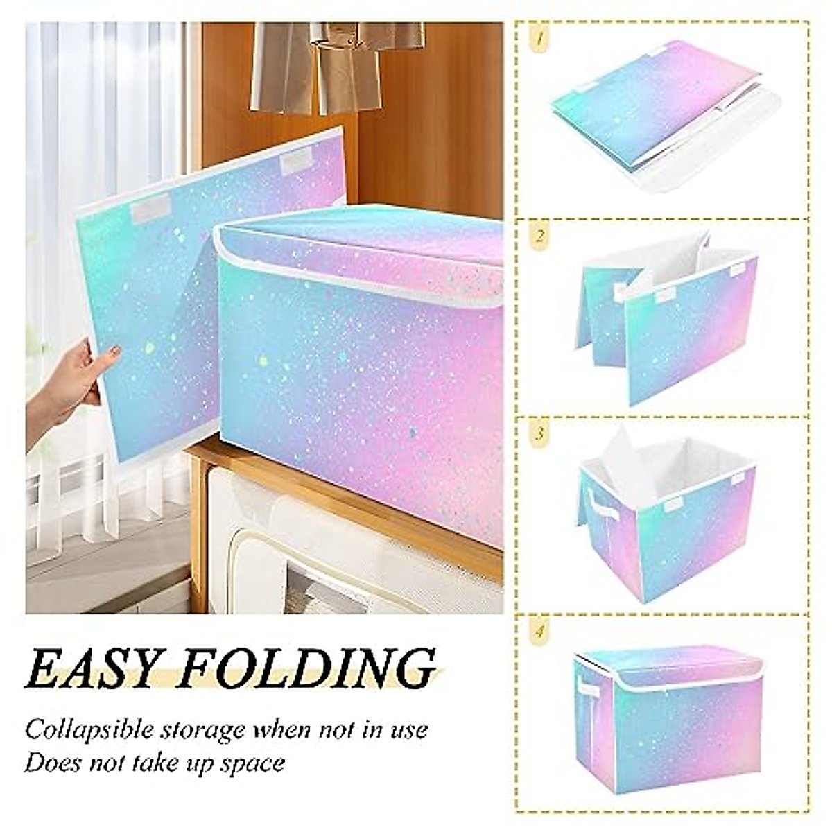 Large Collapsible Storage Bins with Lids, Unicorn Background with Rainbow Storage Baskets Organizer Containers with Handles for Nursery Clothes Toys