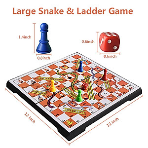 Magnetic Folding Snakes & Ladders Game Set 11.8 inch Portable Family Fun Board Game for All Ages-in Storage（Large Size 30x30cm ）