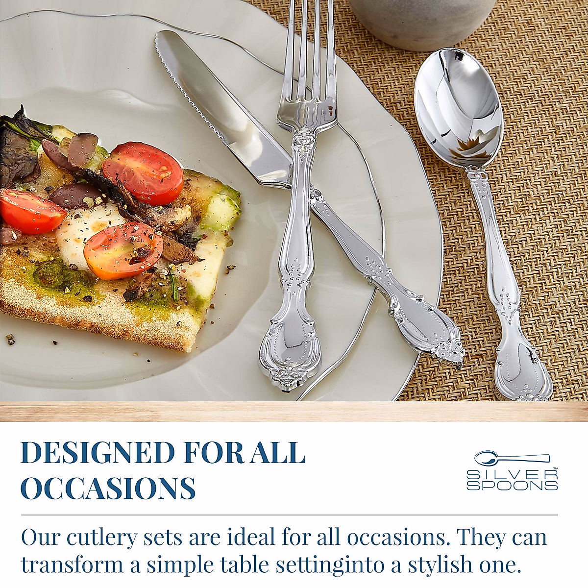 Antique Design Disposable Flatware Set (96 PC) Plastic Silverware Cutlery Set for 24, 24 Spoons, 24 Knives, 48 Forks, Heavy Duty Plastic Utensil Set for Weddings and Events, Baroque Collection, Silver