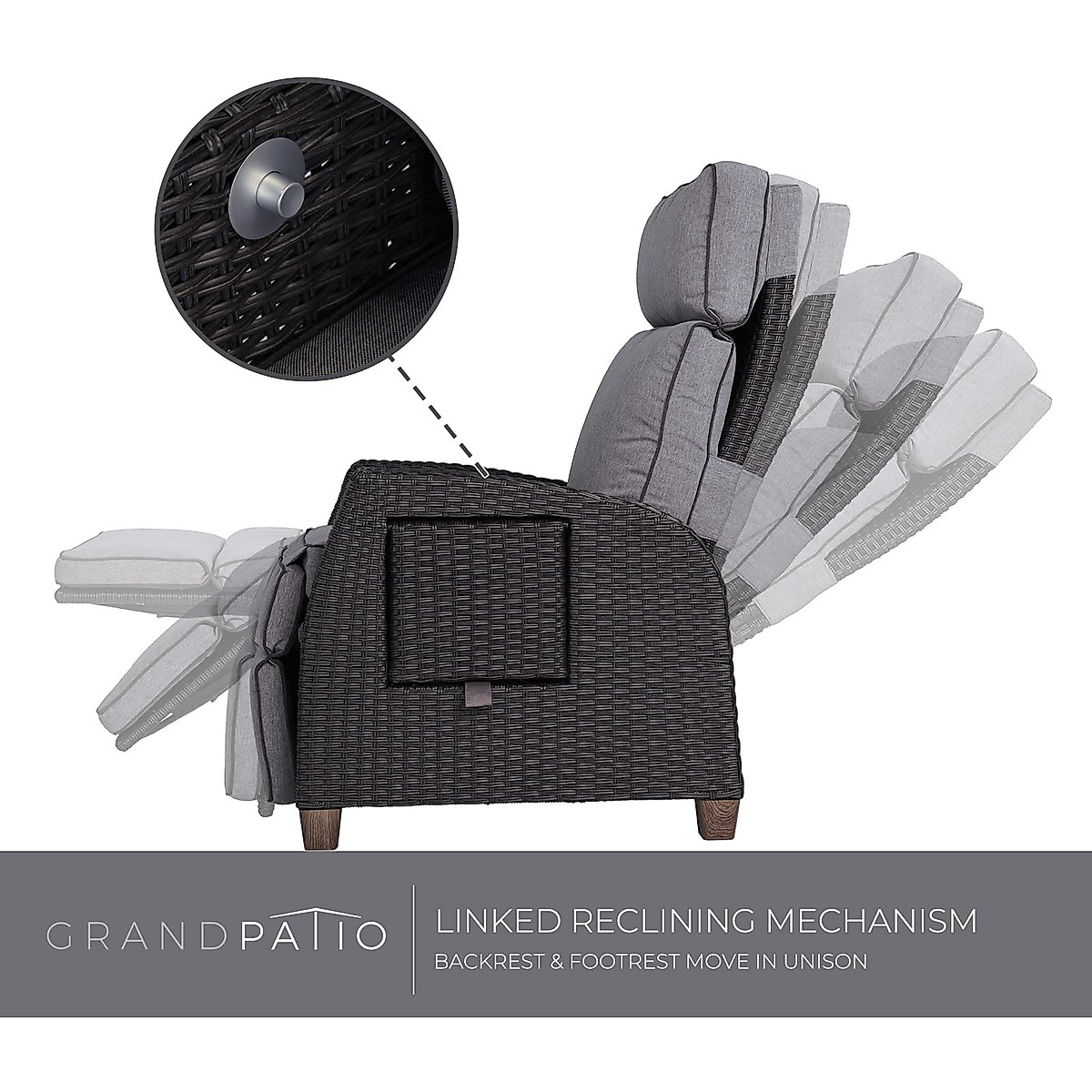 Grand patio Outdoor Reclining Chairs with Extended Footrest Adjustable WickerPatio Lounge Recliner up to 150° with Flip Side Table Cool Grey