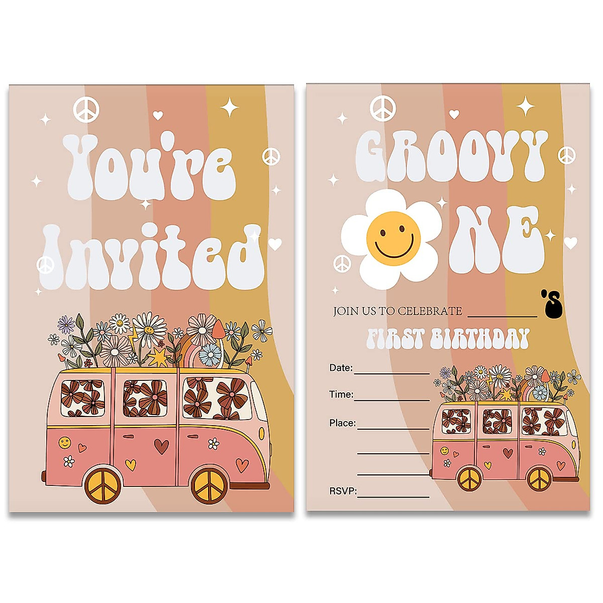 Soiceu Retro First Birthday Groovy One Birthday Party Invitations with Envelopes Set of 20 Vibe Peace Love Hippie 70s 1st Birthday Party Invites Fill in Blank