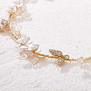 SWEETV Handmade Wedding Headband Flower-Leaf Bridal Headpieces for Wedding Hair Accessories Brides Hair Pieces Gold