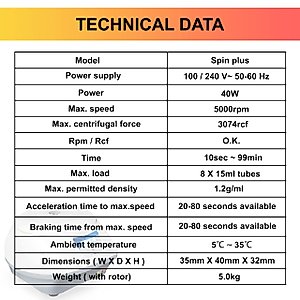 Jackson Global JS-TC-SPINPLUS-8 Digital Bench-top Centrifuge | 400-5000rpm (Max. 3074xg) | LCD Display | Includes 15ML X 8 Rotor