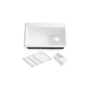 KOHLER 5871-1A2-0 Riverby Top-Mount Single-Bowl Workstation Kitchen Sink with Accessories, 33" L, White