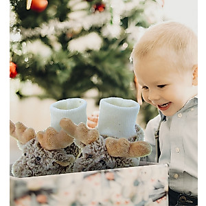 DolliBu Brown Moose Soft Plush Baby Shoes - Soft & Fluffy Wild Life Fleece Unisex Footwear with Stuffed Animal Moose for Baby Boy or Girl - Fuzzy Indoor Slipper, Winter Foot Warmer - One Size