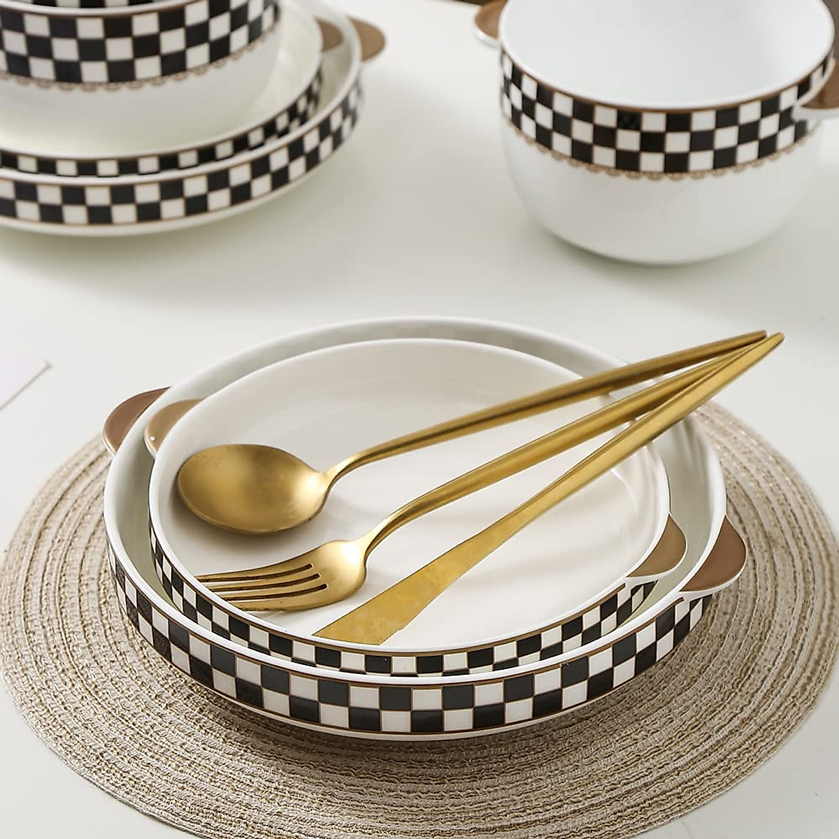 Porlien Checkered 8-Piece Plates and Bowls Set with Handles, Set of 2, Dessert/Cereal Bowls & Salad/Soup/Dessert Plates
