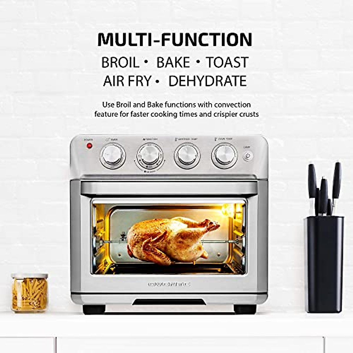 Ovente Air Fryer Toaster Oven, 1700W Stainless Steel Countertop Convection Oven Combo, 26 Qt Large Capacity with Accessories Perfect for Rotisserie and Dehydrator Chicken Pizza, Silver OFM2025BR