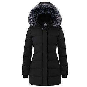 wantdo Women's Fur Hooded Winter Coat Warm Thicken Puffer Coat Black XL