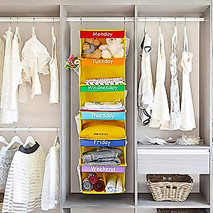 CLUQMEIK Kids Closet Organizers and Storage, Weekly Hanging Clothes Organizer, 6 Shelves with Side Mesh Pockets, 41.7"x12"x12", Yellow, Days of The Week Clothing System, Monday Through Friday
