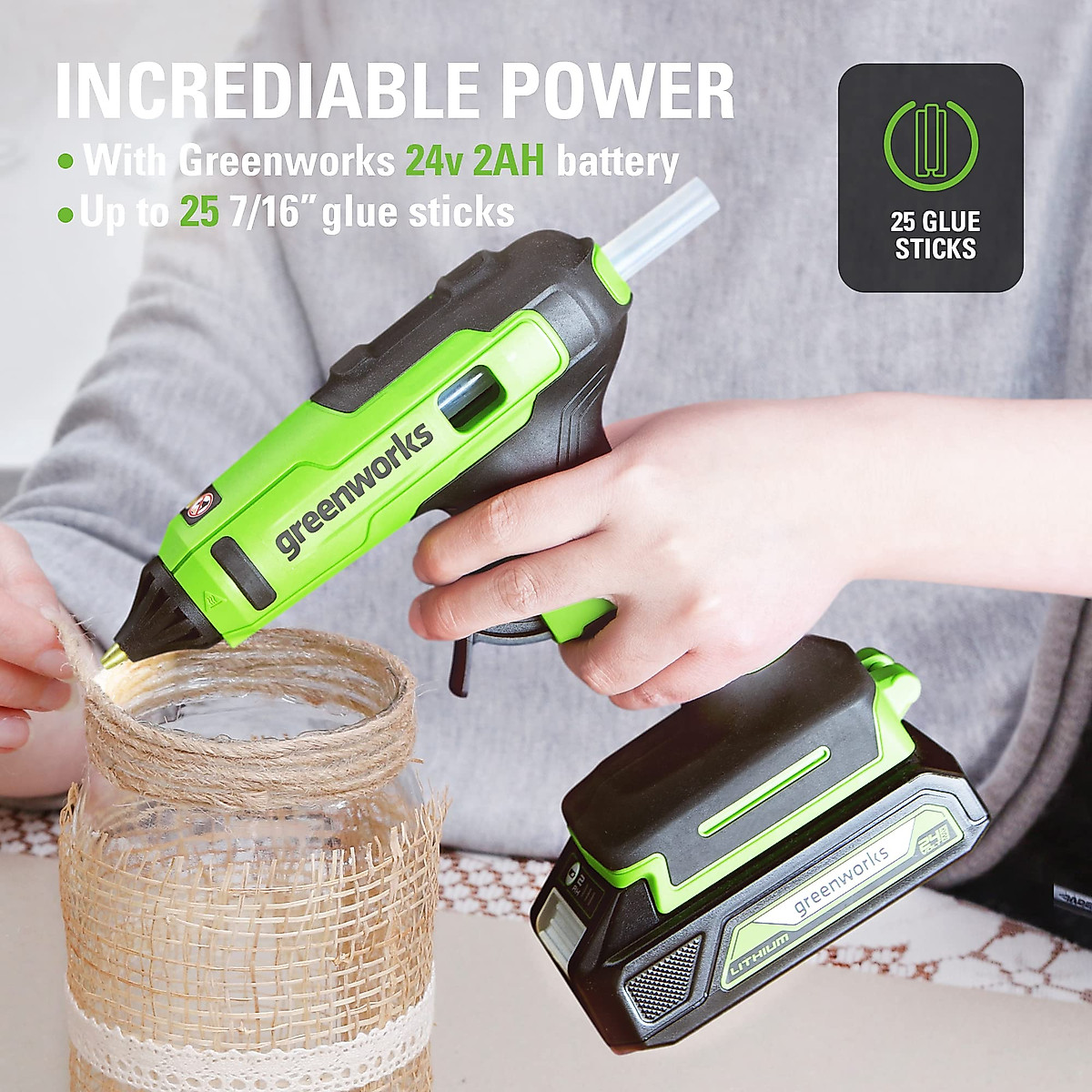 Greenworks 24V Cordless Glue Gun,2.0Ah Battery & Charger Included -1.5min Fast Heating,LED light, Drip-free nozzle, 90 min Runtime, Auto off for DIY, Arts, Crafts, Home Decoration