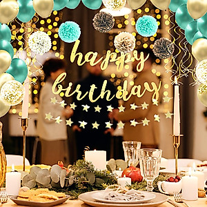 Teal Gold Birthday Decorations for Women Girls,Happy Birthday Banner,Paper Pompoms,Teal Gold Balloons,Hanging Swirl,Star String,suit for 13th 15th 16th 18th 20th 30th 40th 50th Birthday party