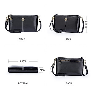 Perenne Small Crossbody Purses for Women Clutch Crossbody Bag Wristlet Handbags Large Capacity Genuine Leather Double Zipper with Wrist Shoulder Strap Black