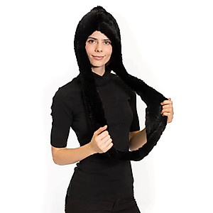 Knitted Rex Rabbit Infinity Scarf w Hood Fur Scarves Wrap Shawl Fur Cashmere Pashmina Silk Wool Cape Cashmere Cape (Ebony Black)