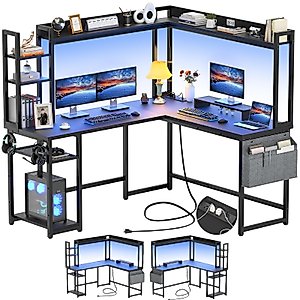 Aheaplus L Shaped Desk with Power Outlet, L Shaped Gaming Desk with Led Light & Hutch, Reversible Home Office Desk, Corner Computer Desk Writing Desk with Monitor Stand & Storage Shelves, Black