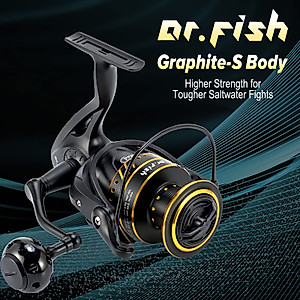Dr.Fish Saltwater Spinning Reel Poseidon Surf Fishing Reel, Graphite Body, CNC Aluminum Spool and Handle, 9+1 Ball Bearings, 25LB Carbon Fiber Drag, Saltwater Surf Fishing Offshore Reel PL6000