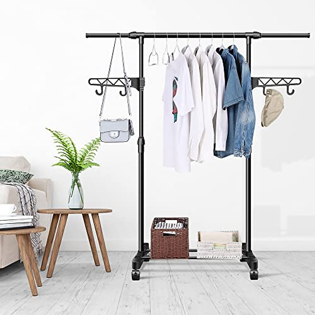 hombani Garment Rack on Wheels with Brakes and Wing Hooks, Industrial Style Rolling Clothing Organizer for Hanging Clothes, Extendable - Black