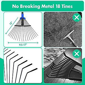 Garden Leaf Rake with Expandable Head from 9.5 inch to 17 inch, Collapsible Lawn Rake with Adjustable 53 Inch Splicing Handle, Heavy Duty Metal Rake for Lawn Yard, Flowers Beds and Roof
