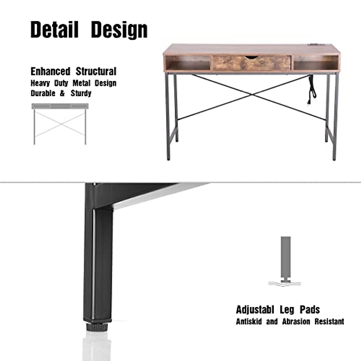 JJS 48' Writing Desk with Power Outlet, Home Office Contemporary Large Computer Desk Laptop Workstation with Drawer USB Ports Charging Station, Rustic Brown