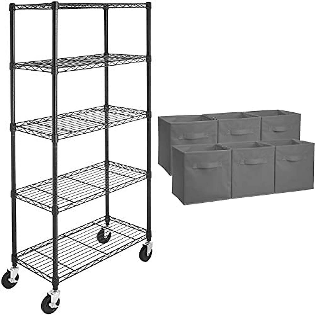 Amazon Basics 5-Shelf Adjustable, Heavy Duty Storage Shelving Unit on 4'' Wheel Casters, Metal Organizer Wire Rack, Black & Collapsible Fabric Storage Cubes Organizer with Handles, Gray - Pack of 6