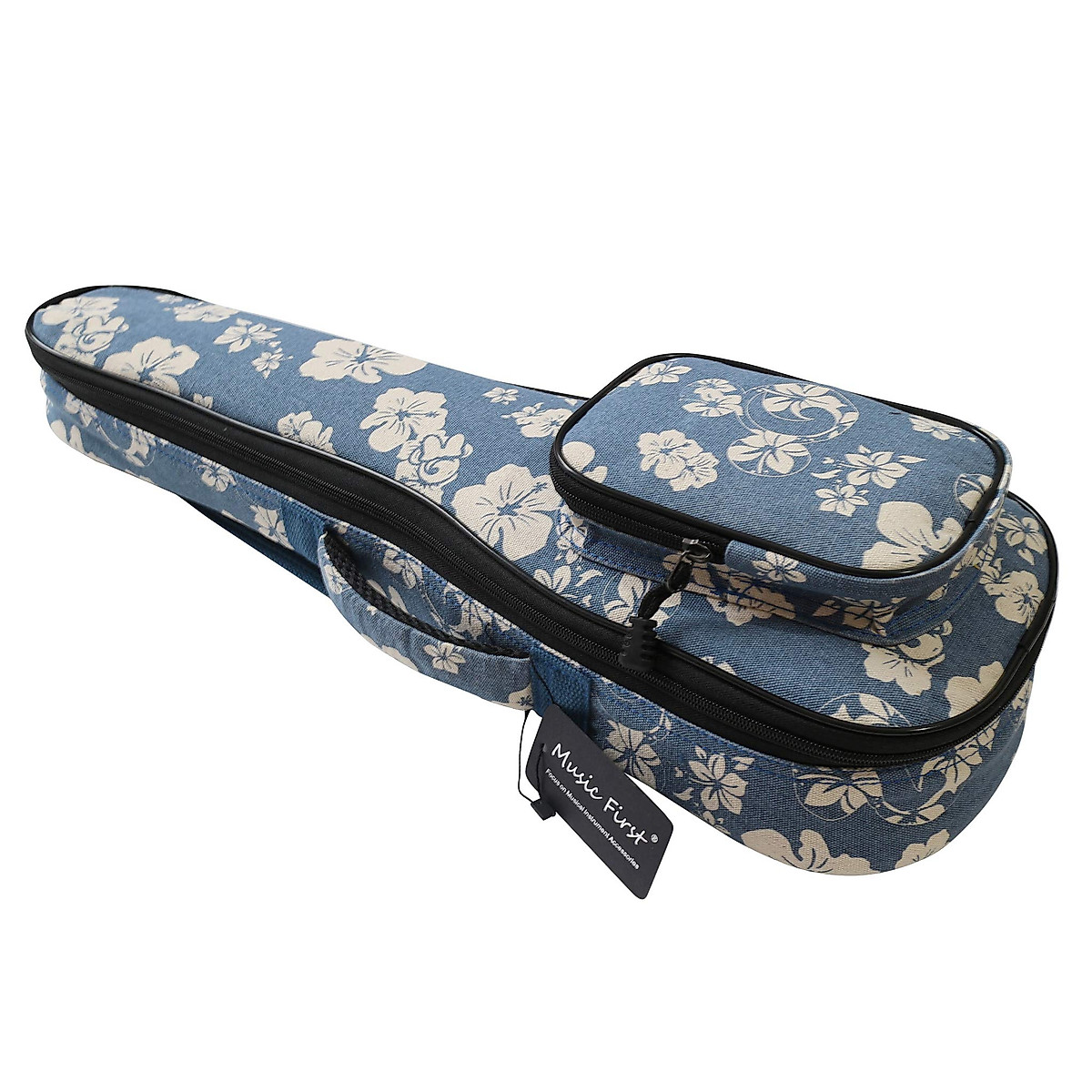 MUSIC FIRST Original Design 0.5" Thick Padded Hawaii Style “Blue and White Plumeria” Canvas Ukulele Case, Ukulele Bag, Ukulele Cover, Salute ELVIS (Fit for 23~24 inch Concert Ukulele)