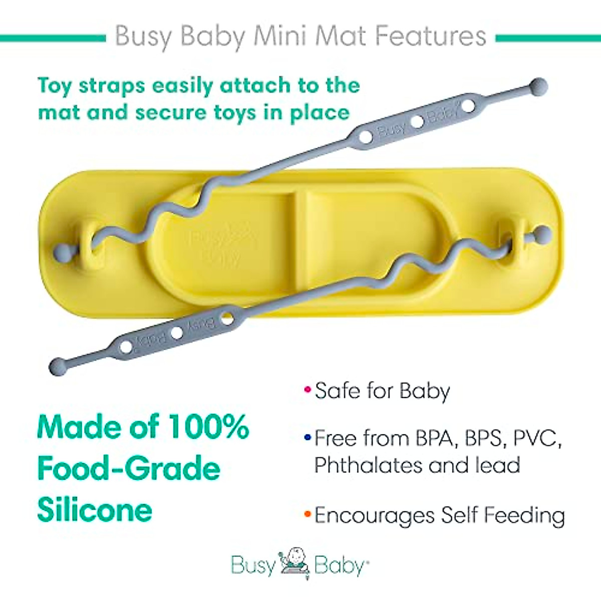 BUSY BABY MAT | Silicone Mini Suction Placemat for Babies & Toddlers with Adjustable Tethers to Attach Toys | Keep Toys Off The Floor, Dishwasher Safe, BPA Free | Includes Travel Sleeve (Pewter)