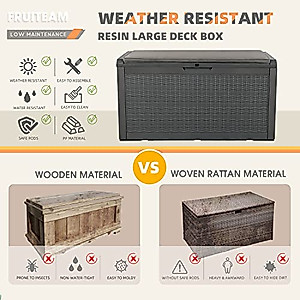 FRUITEAM 100 Gallon Patio Deck Box Outdoor Storage Box with Soft Cushion, Lockable Resin Storage Bin Weather Resistant for Patio Furniture Pillows, Pool Toys, Garden Tools