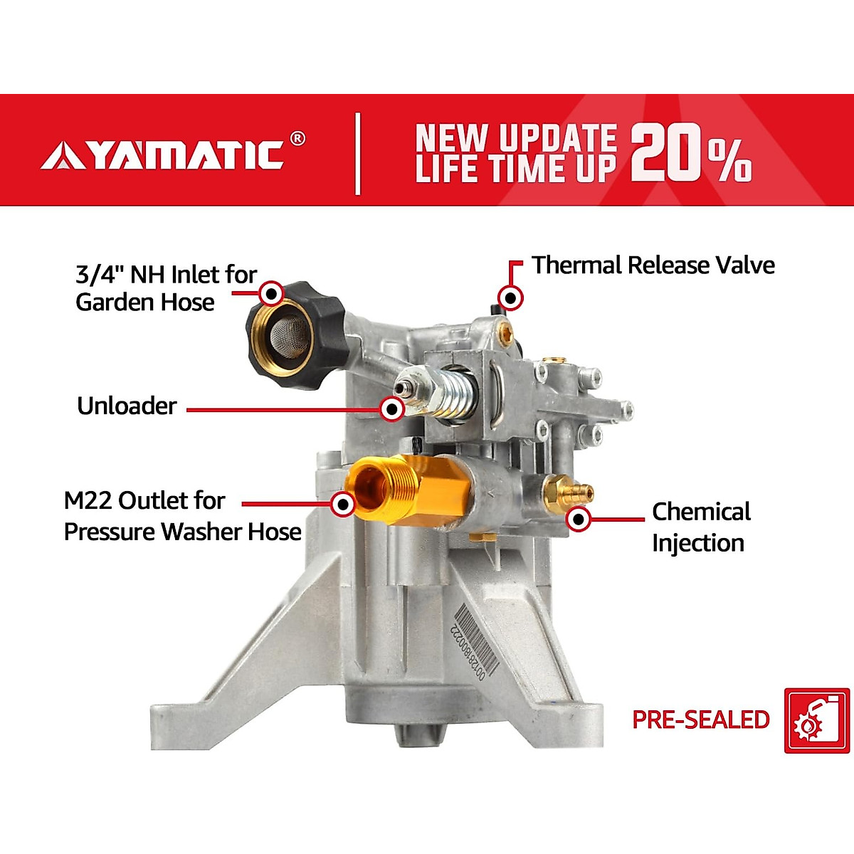 YAMATIC 7/8" Shaft Vertical Pressure Washer Pump 2500 PSI @ 2.2 GPM Replacement Pump for Power Washer, Compatible with Honda GCV160, Troybilt, Craftsman, Ryobi, Rear Facing Inlet/Outlet