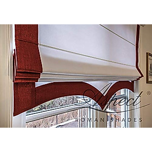 LOGANOVA Flat Roman Shade Chevalle Brick. White base, luxuriant red border on three sides, scalloped bottom and chain mechanism. Custom made.