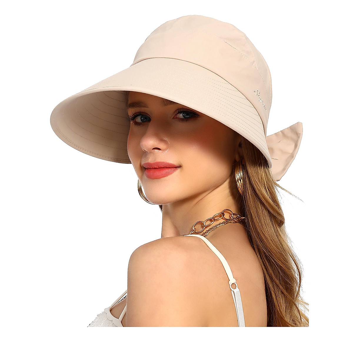 Sun Visor Hat for Women Wide Brim Ponytail Hole UV Protection Summer Cap Packable UPF 50+ Travel Outdoor(Beige)