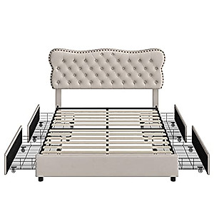 HOSTACK Queen Bed Frame with 4 Storage Drawers, Upholstered Platform Frame with Button Tufted Headboard, Heavy Duty Mattress Foundation with Wooden Slats, No Box Spring Needed (Beige)