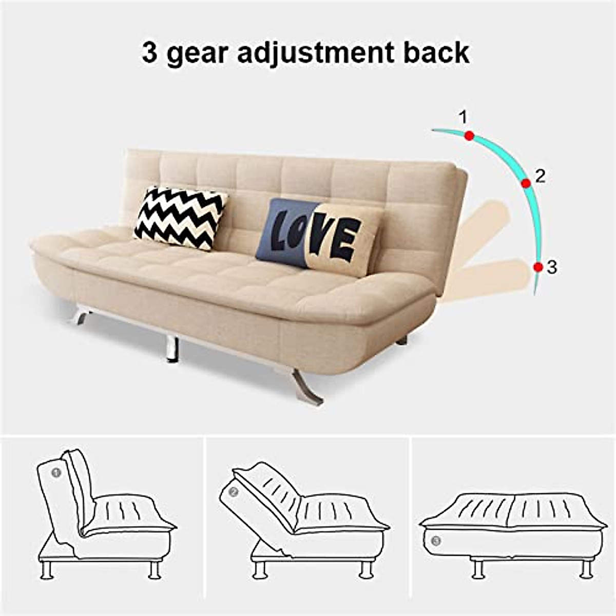 JHKZUDG 2 Seater Settee Sofa Bed,Modern Linen Upholstered Sofa Living Room Chair Couch with Metal Legs, 3 Angles Adjustable Back,for Living Room, Office, Room,Dark Gray,150 × 85 × 90cm