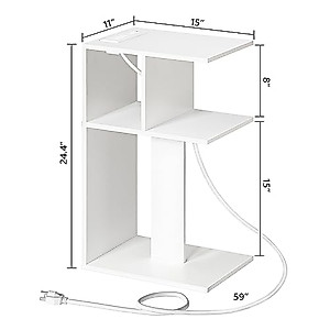 MAHANCRIS End Table with Charging Station, Narrow Side Table for Small Spaces, Slim Nightstand with Light, C-Shaped Beside Table with Storage Shelf, for Bedroom, Living Room, White ETWT78E01