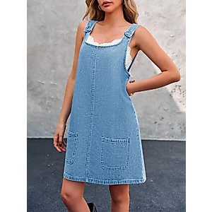 BZB Women's Sleeveless Casual Denim Dress Crewneck Vintage Overall Mini Dress with Pockets (Blue, X-Large)
