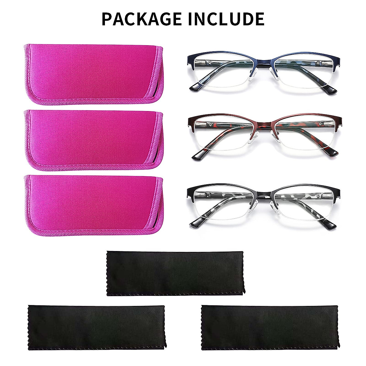 CRGATV 3-Pack Reading Glasses for Women Blue Light Blocking Metal Half Frame Computer Readers Anti UV/Eye Strain/Glare (+1.5 Magnification Strength)