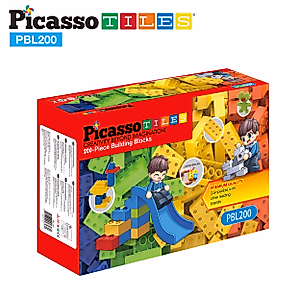 PicassoTiles 200 Piece Large Construction Brick Building Blocks STEM Bricks Toy Set Creative Learning Early Education Playset 5 Colors 4 Unique Shapes Mix & Match Toys for Kids Boys Girls Child Age 3+
