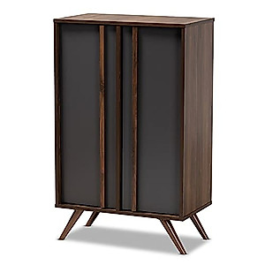 BOWERY HILL Two-Tone Gray and Walnut Finished Wood 2-Door Shoe Cabinet