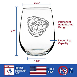 Happy Pug Stemless Wine Glass - Cute Dog Themed Decor and Gifts for Moms & Dads of Pugs - Large 17 Oz Glasses