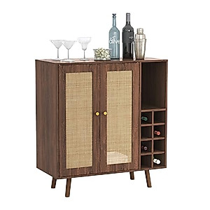 Atlantic Loft & Luv Remy Boho Mid-Century Bar Cabinet with Natural Rattan Panels with Storage, Walnut Finish
