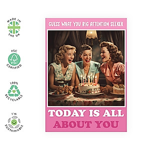CENTRAL 23 Sister Birthday Card Funny - Today Is All About You - Retro Humor - Sarcastic Birthday Cards For Best Friend Bff Daughter Mom Wife - Comes With Fun Stickers