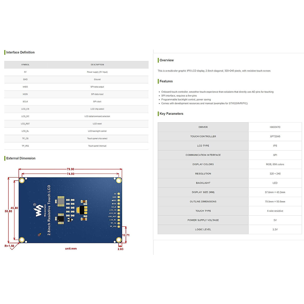 Waveshare 2.8inch 320×240 Pixels IPS LCD with 4-Wire Resistive Touch Screen SPI Communication Interface