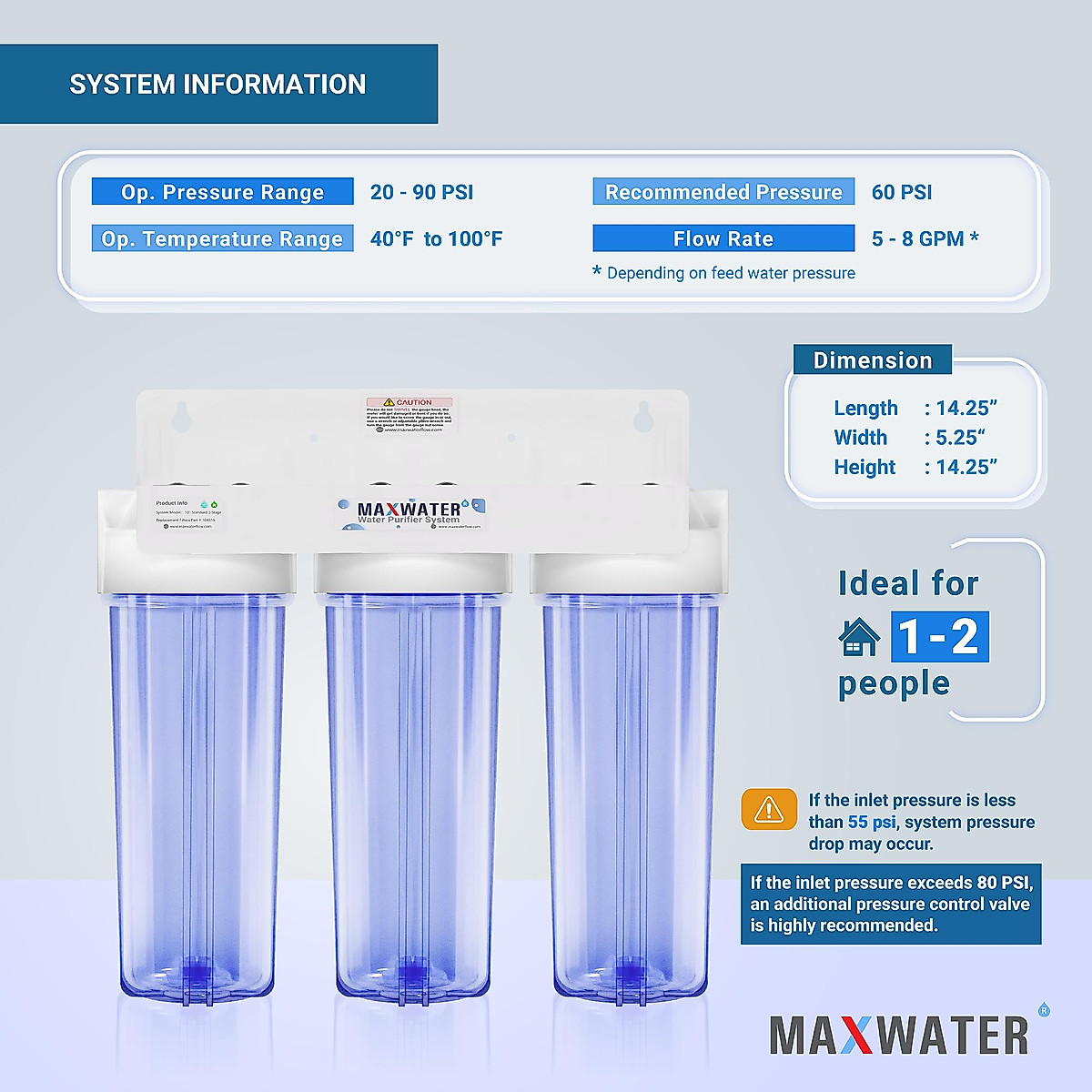 Max Water 3 Stage Nitrate Reduction (Good for Well/Underground Water) 10 inch Standard Water Filtration System for Whole House - Sediment + Anion + CTO Post Carbon - ¾" Inlet/Outlet - Model : WH-SC3