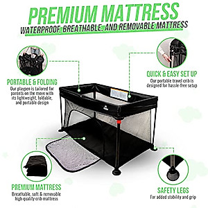 Sleepah Foldable Travel Crib – Lightweight Portable Play Pen + Backpack, Play-Yard with Waterproof Mattress – Easy to Pack Fits in a Suitcase, Sets up in 30 Seconds Safe for Infants & Toddlers (Black)